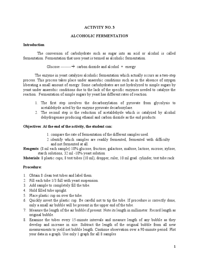 Yeast Alcoholic Fermentation Experiment | PDF | Fermentation ...