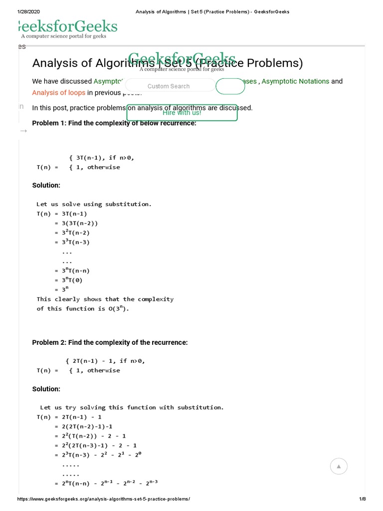 Analysis of Algorithms - Set 5 (Practice Problems) | PDF | Time Complexity | Computational ...
