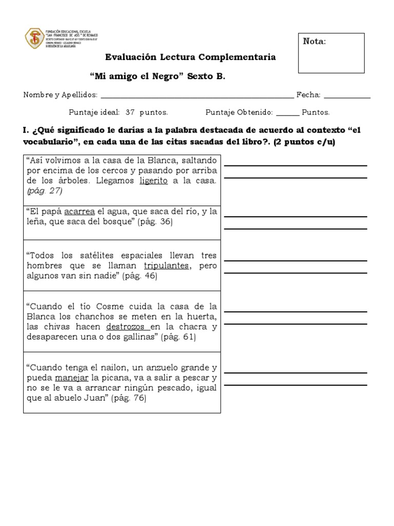 Evaluación Mi Amigo El Negro | PDF