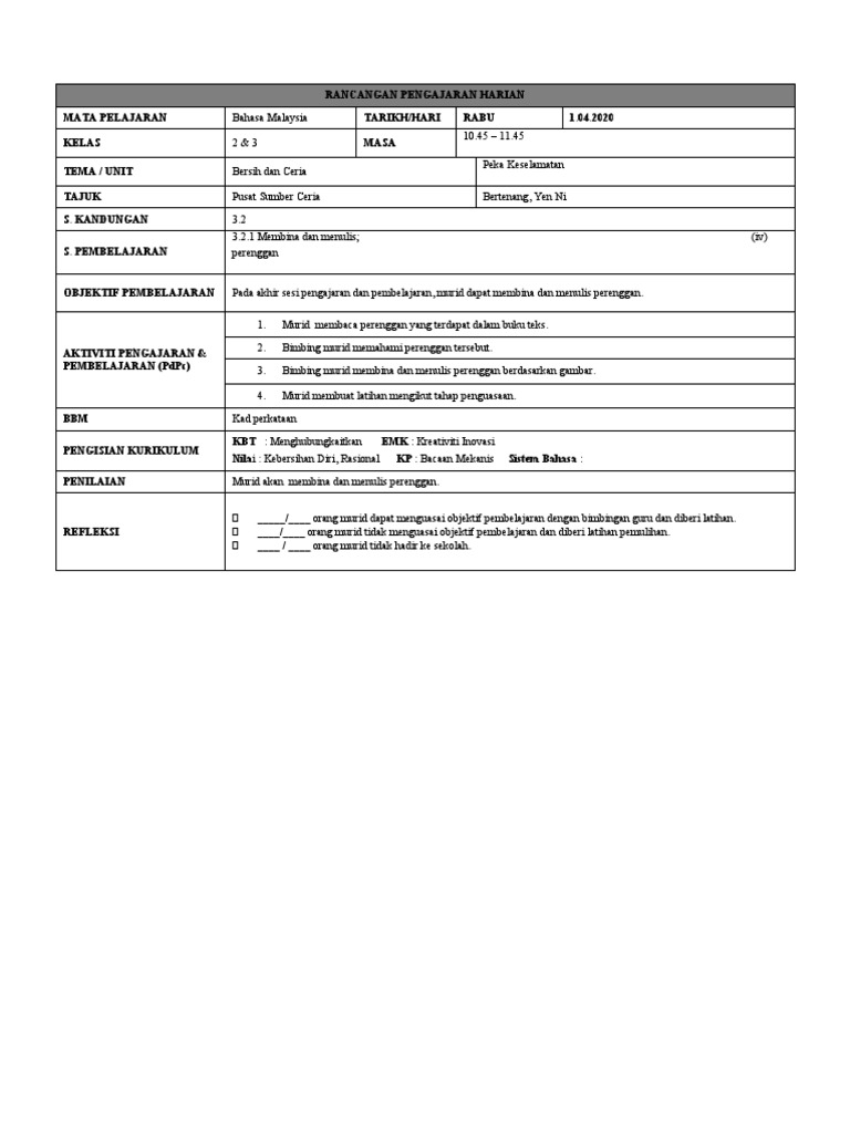 RPH BM Tahun 2 Dan 3 | PDF