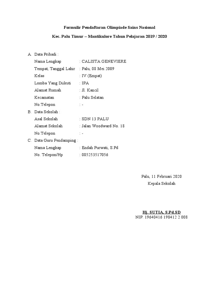 Formulir Pendaftaran Olimpiade Sains Nasional | PDF