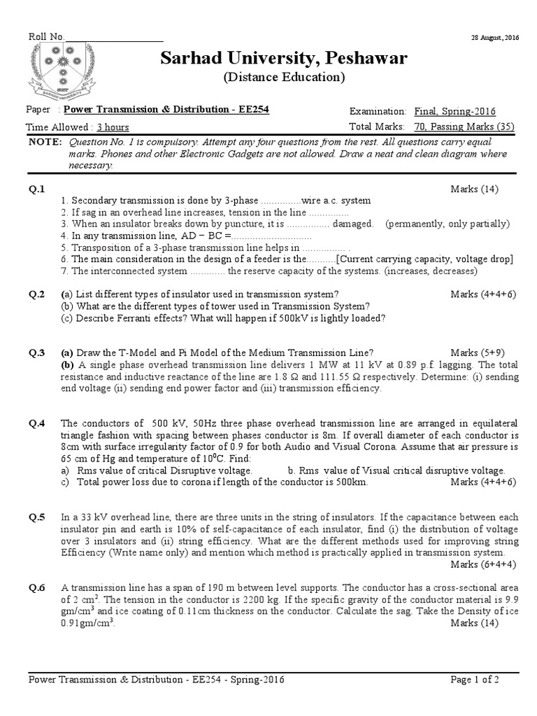 Https WWW - Suit.edu - PK Uploads Past Papers Power Transmission Distribution - EE2541 | PDF ...