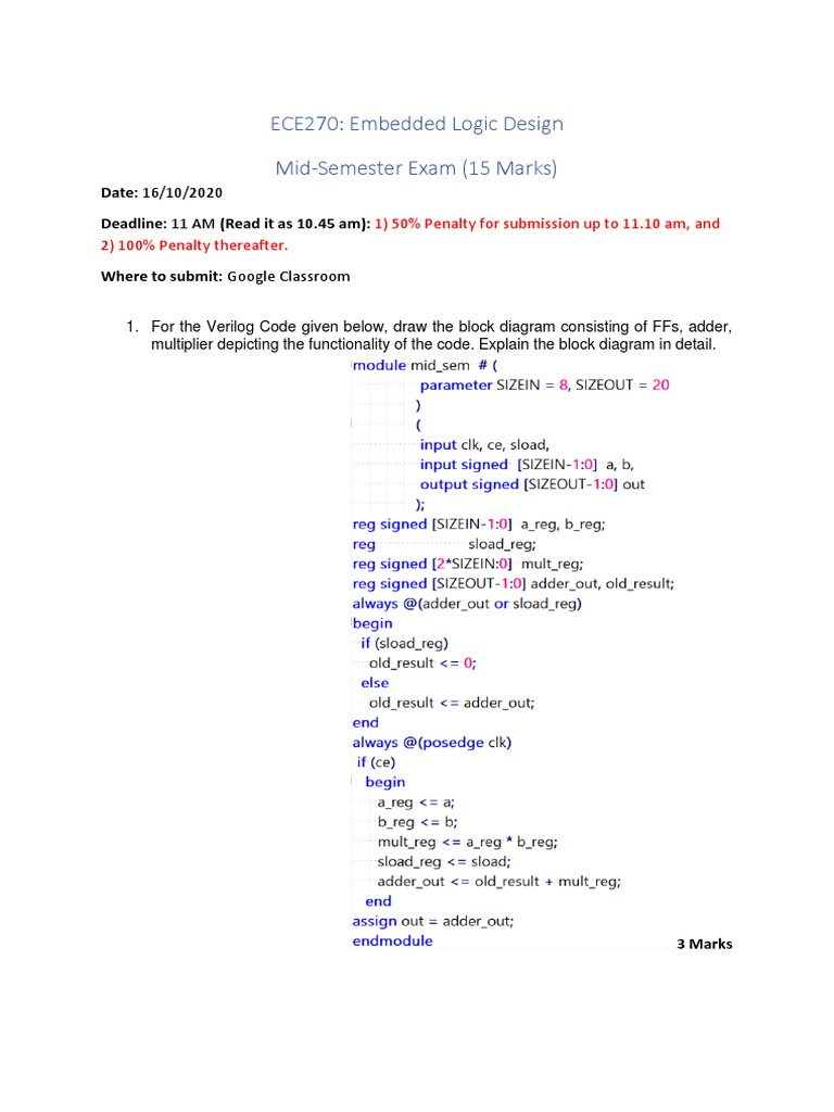 ECE270: Embedded Logic Design Mid-Semester Exam (15 Marks) : Date: 16 ...