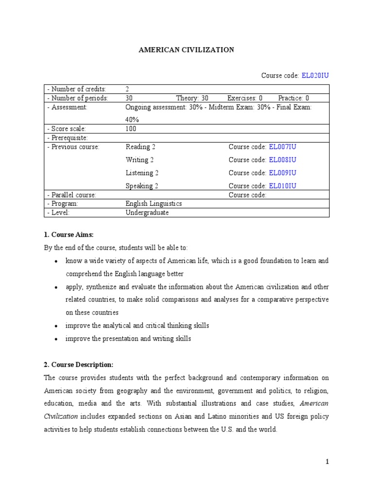 American Civilization - Syllabus | PDF | The United States | Social Work
