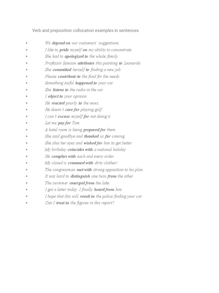 Verb and Preposition Collocation Examples | PDF