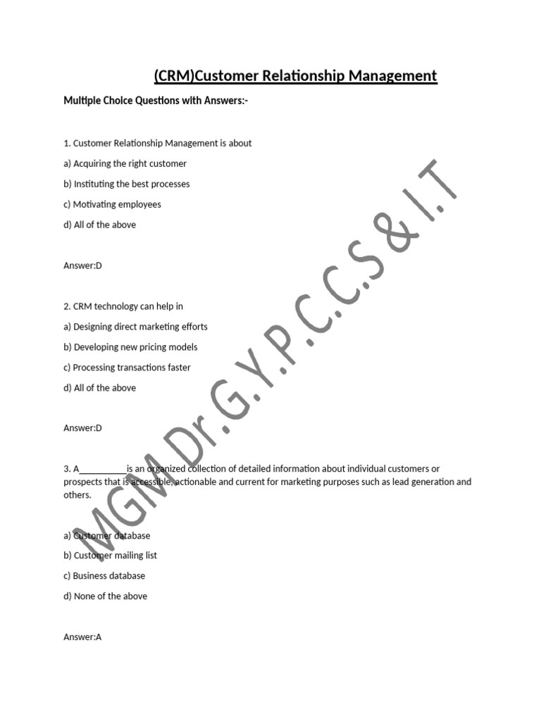 CRM Multiple Choice Questions & Answers | PDF | Customer Relationship ...
