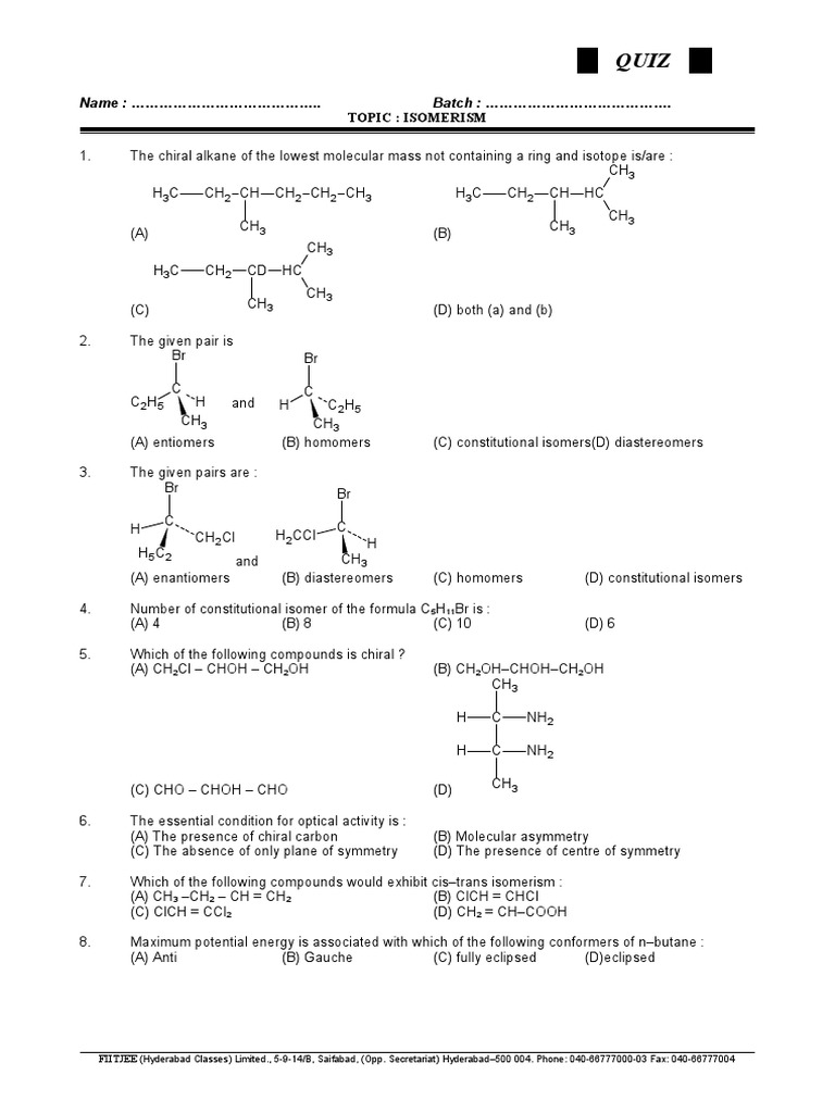 Isomerism Quiz and Answers | PDF | Isomer | Conformational Isomerism