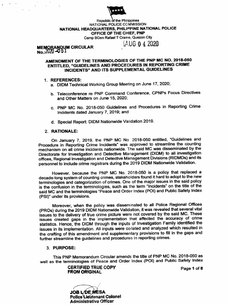 PNP Memorandum Circular No 2020 051 | PDF