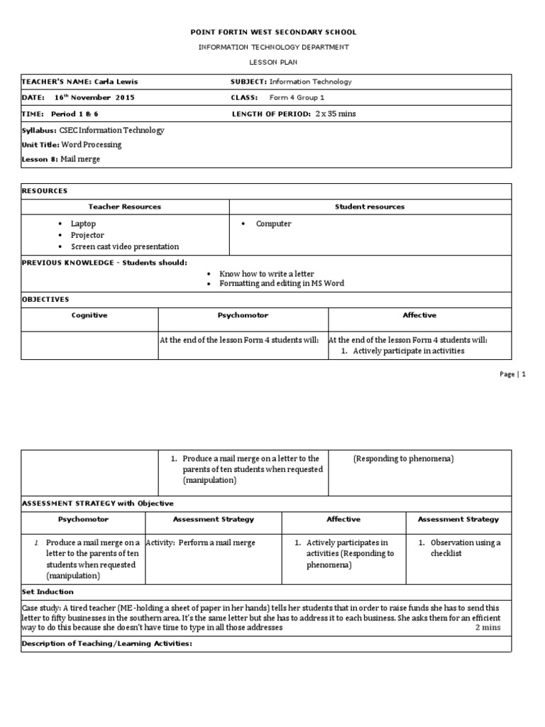 Information Technology Department Lesson Plan: Page - 1 | PDF | Lesson ...