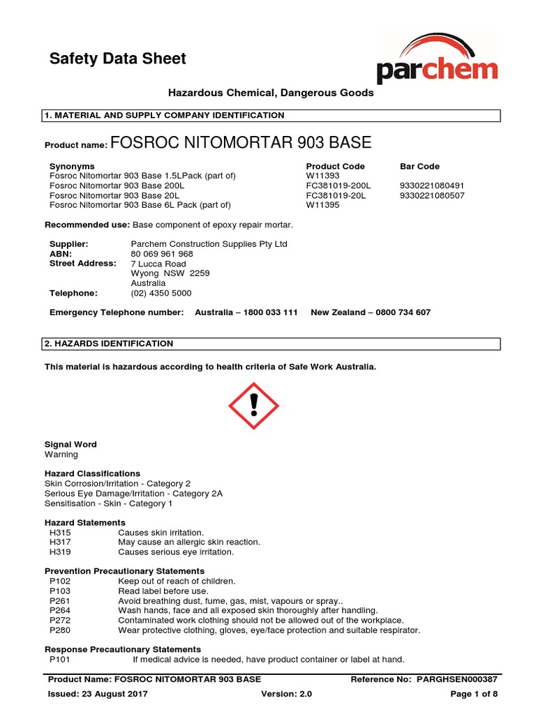 Fosroc Nitomortar 903 Base: Safety Data Sheet | PDF | Dangerous Goods ...