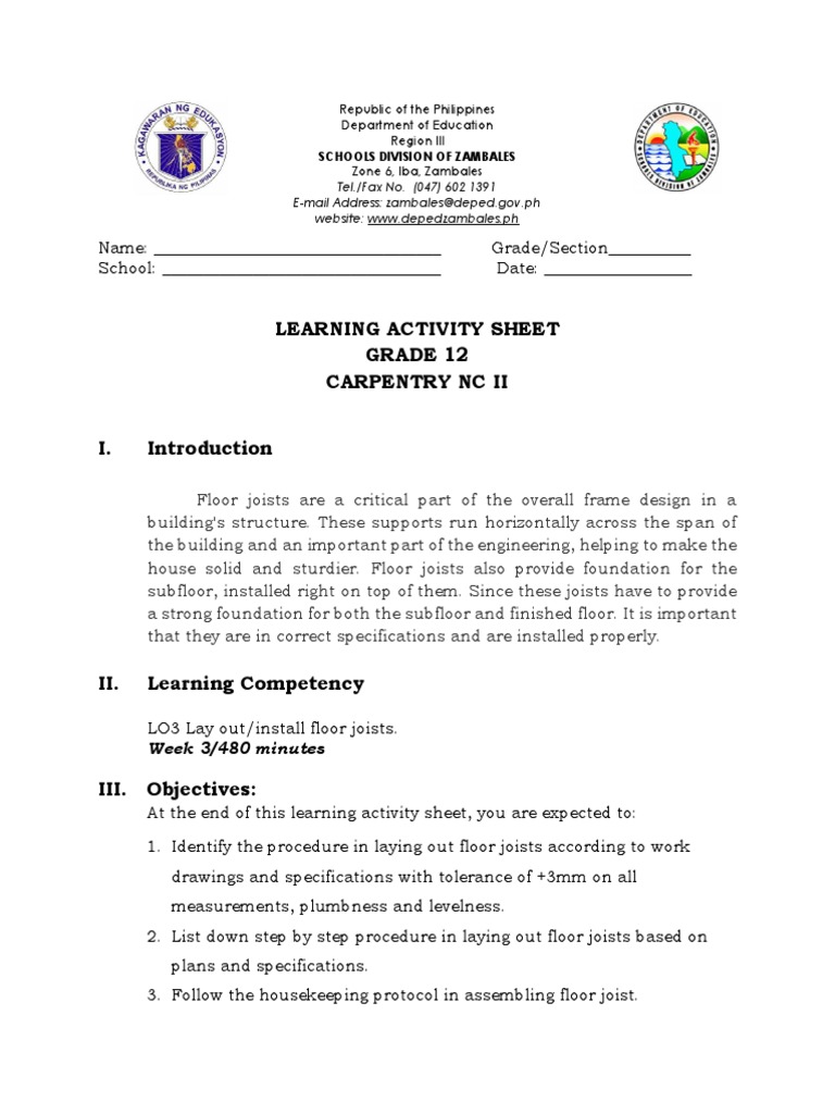 Learning Activity Sheet Grade 12 Carpentry NC Ii I.: Week 3/480 Minutes ...