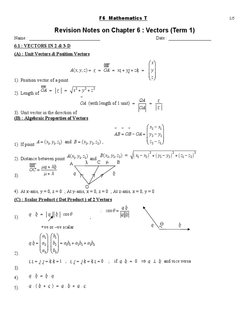 Revision Notes On Chapter 6: Vectors (Term 1) : X Axyz R OA Xi Yj ZK y ...