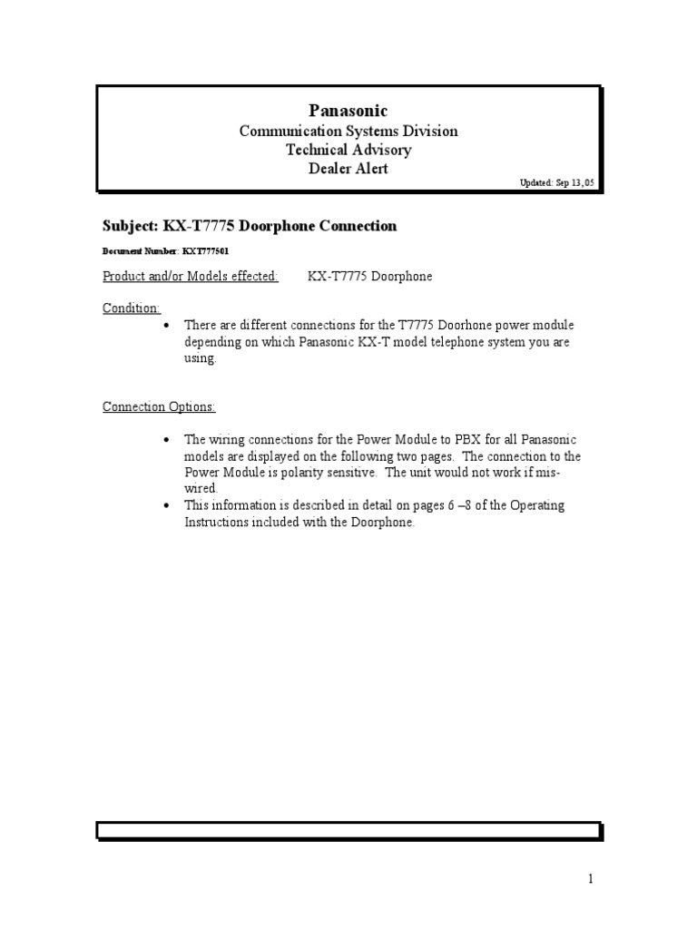 KX-T7775 Door Phone Connection Note | PDF