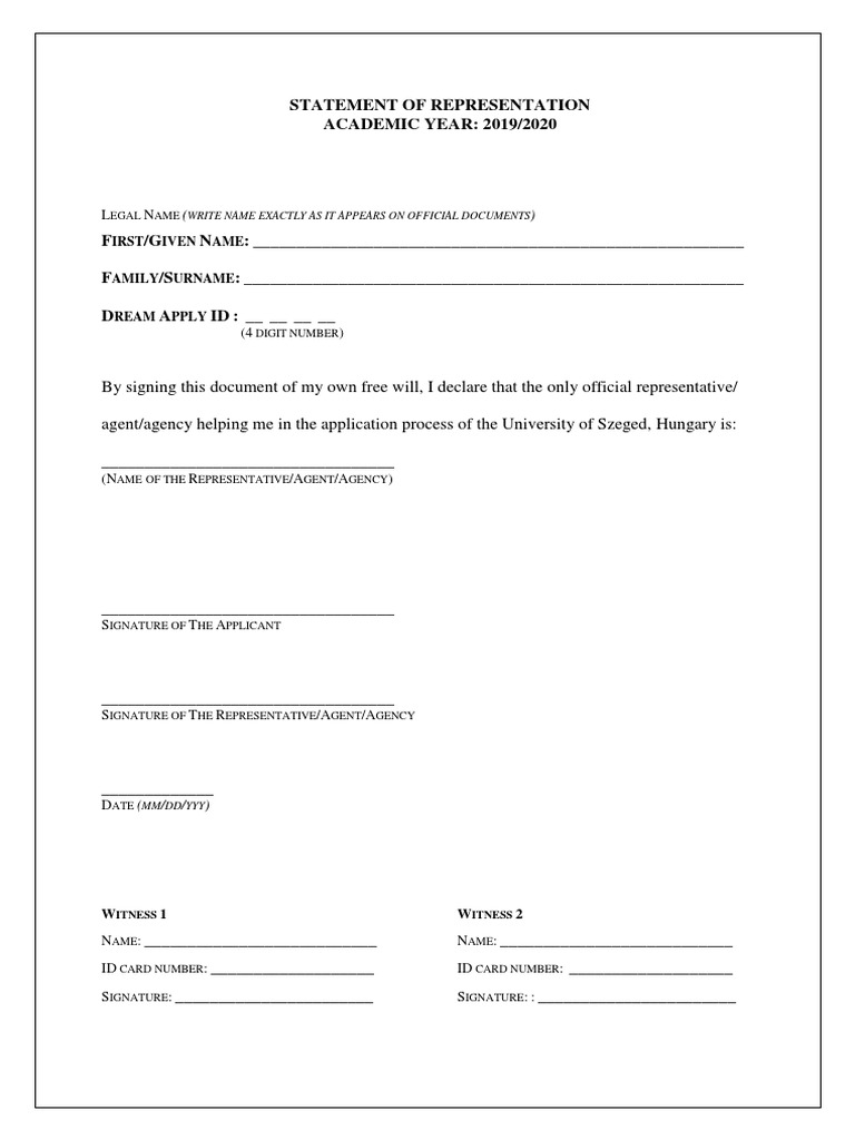 Statement of Representation ACADEMIC YEAR: 2019/2020: Irst Iven AME | PDF