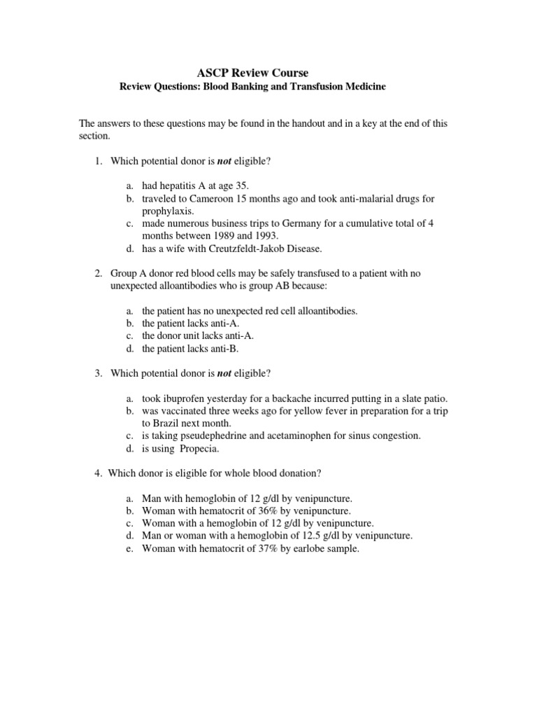ASCP Review Course: Review Questions: Blood Banking and Transfusion ...