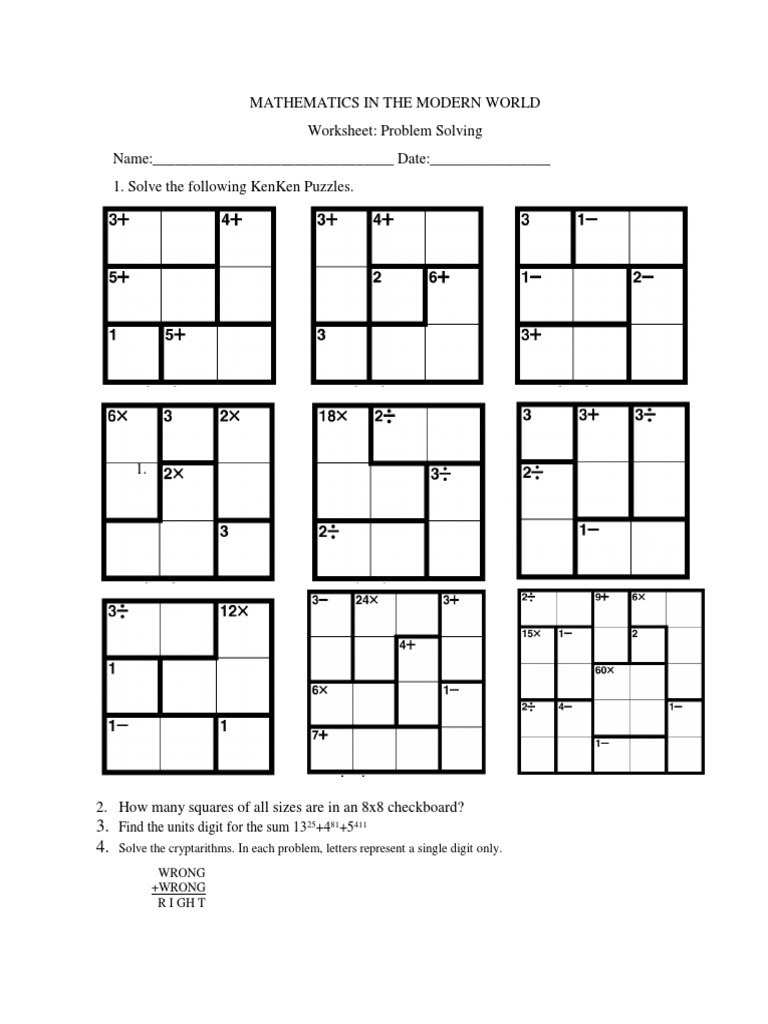 Mathematics in The Modern World Worksheet: Problem Solving Name: - Date: - 1. Solve The ...