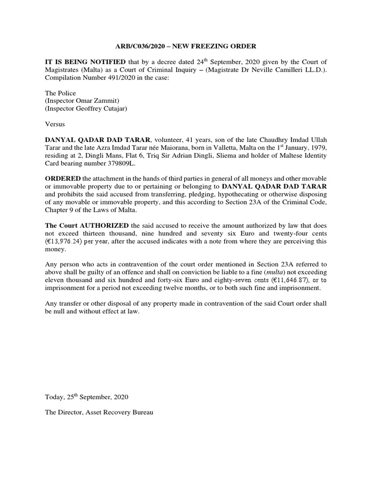 Court Order Issued Freezing Assets of an Individual Under Investigation ...