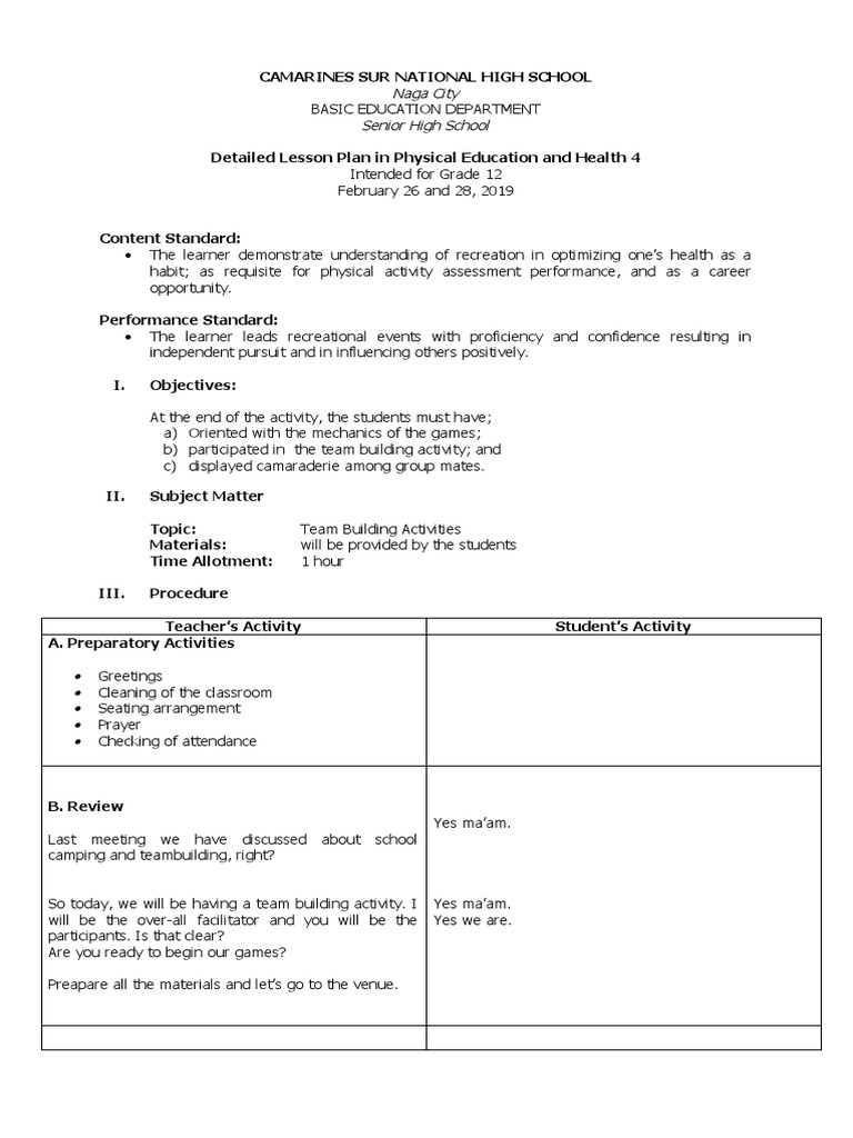 Team Building Activities for Grade 12 | PDF | Lesson Plan | Teachers
