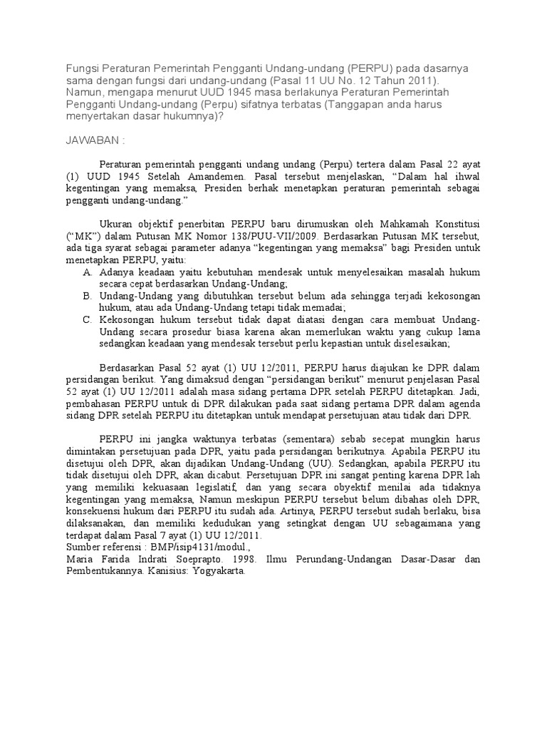 Fungsi Peraturan Pemerintah Pengganti Undang Undang | PDF Fungsi Peraturan Pemerintah Pengganti Undang Undang | PDF