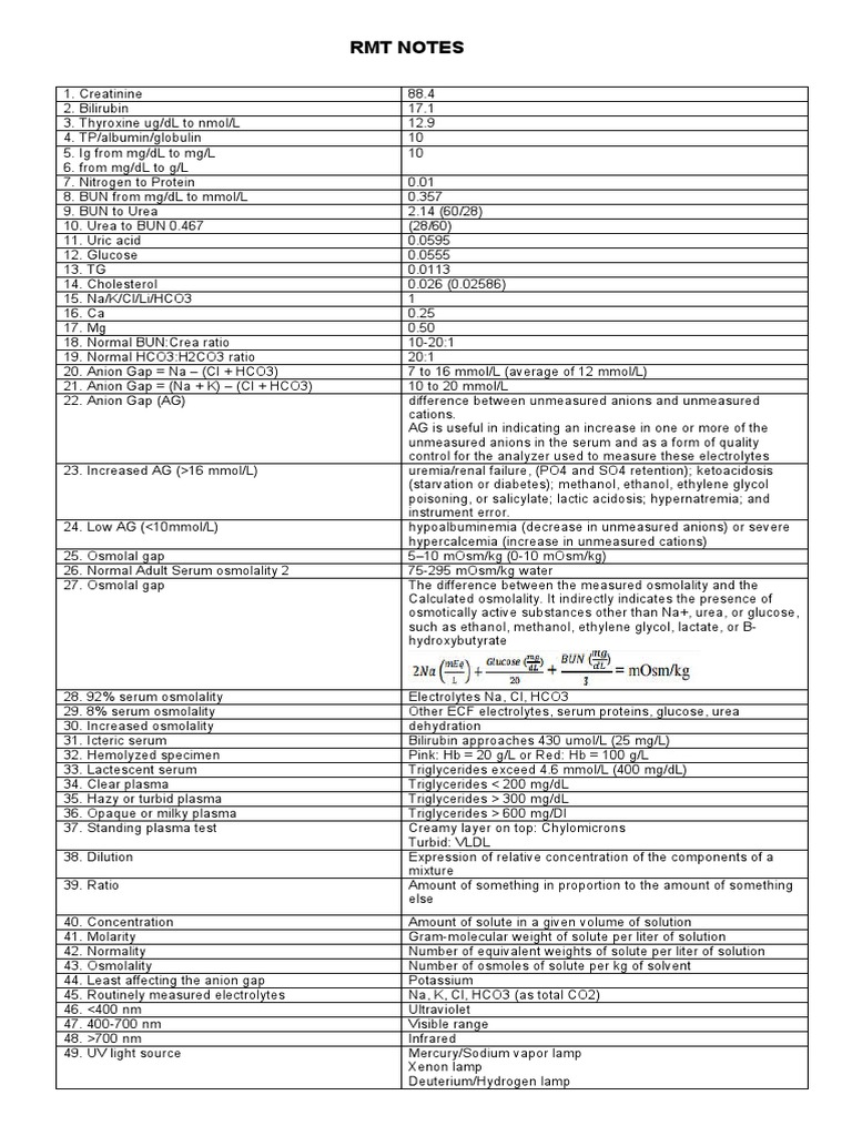 RMT Notes | PDF | Cholesterol | Renal Function