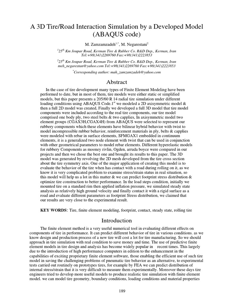 A 3d Tire Road Interaction Simulation By A Developed Model Abaqus Code Pdf Tire Finite