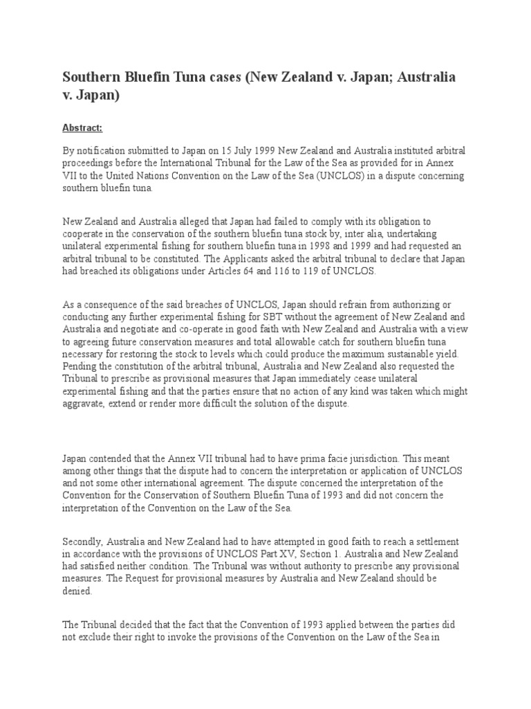 Southern Bluefin Tuna Cases Digest | PDF | Tuna | United Nations ...