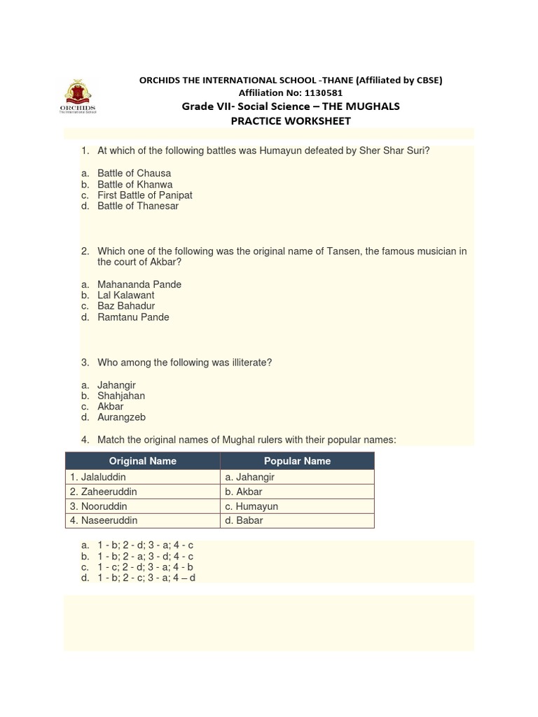 Class 7 Mughal Empire Practice Worksheet | PDF | Mughal Empire | Muslim ...