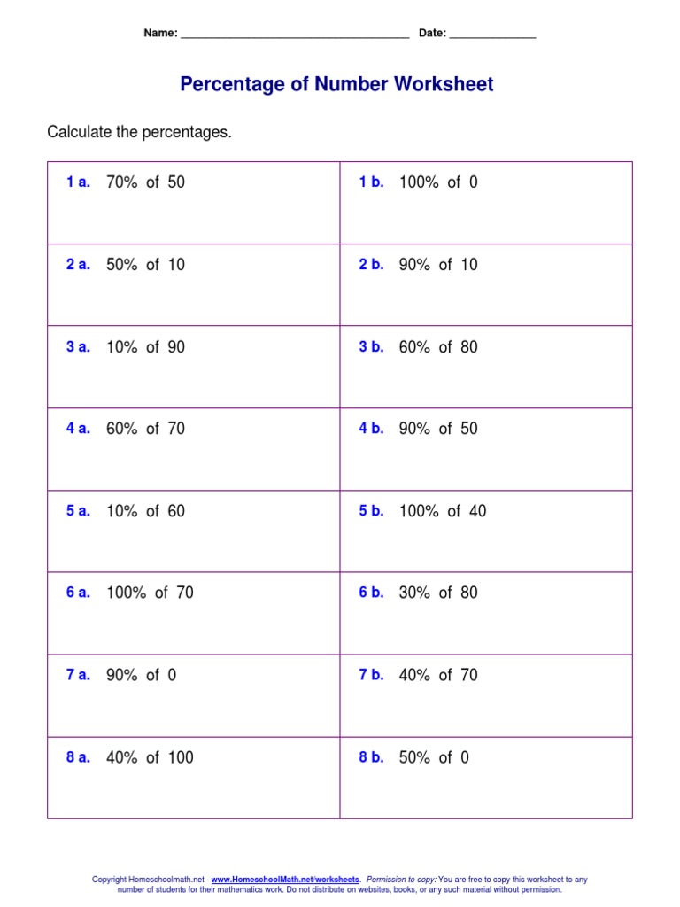 Percentage of Number Worksheet: Calculate The Percentages | PDF ...