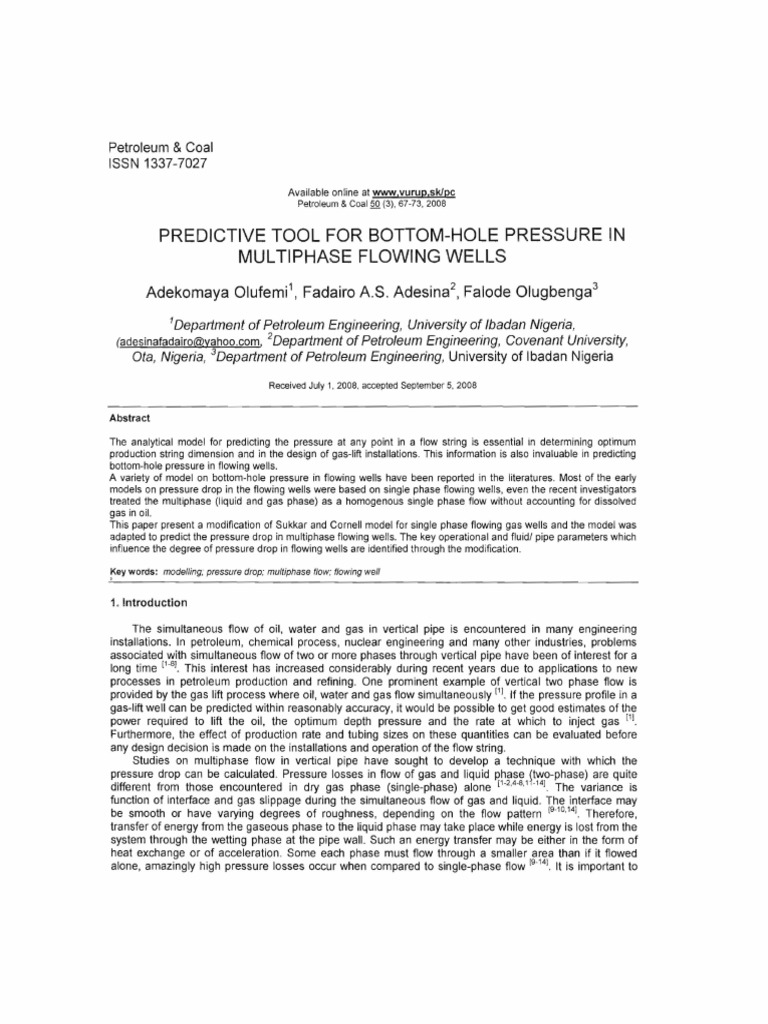 Prediction Tool Bottom - Hole Pressure in Multiphase Flowing Wells PDF | Download Free PDF ...