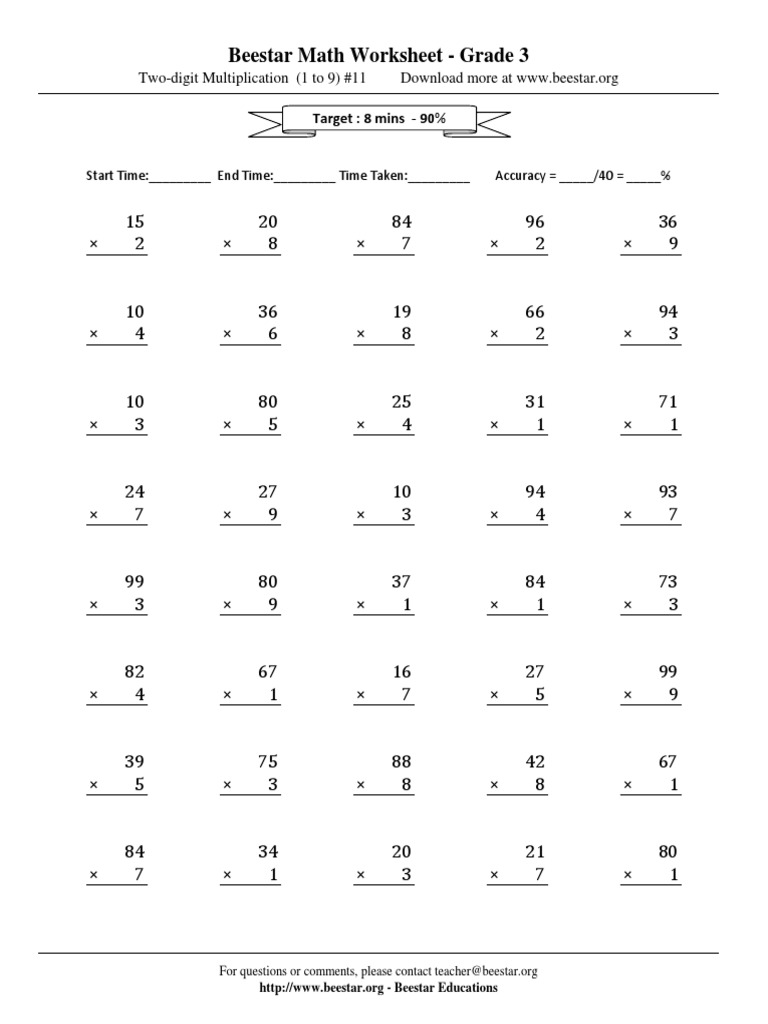 Beestar Math Worksheet - Grade 3: Target: 8 Mins - 90% | PDF | Home ...