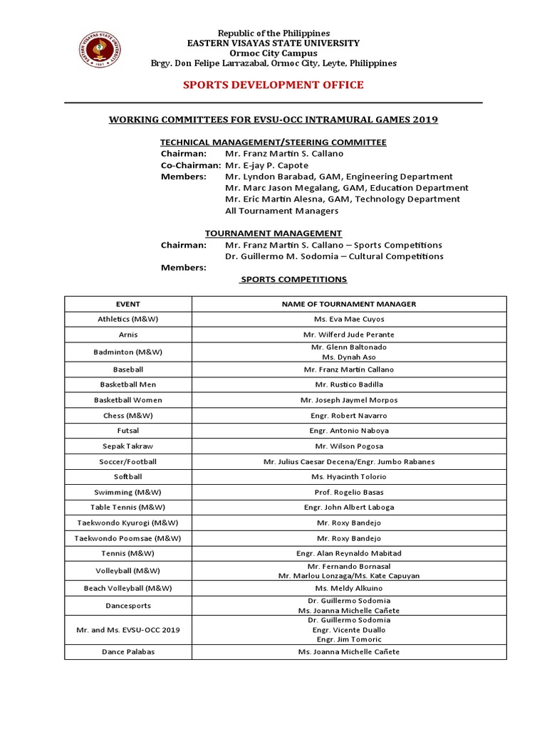EVSU-OCC Intramural Games Committees | PDF | Team Sports | Summer ...