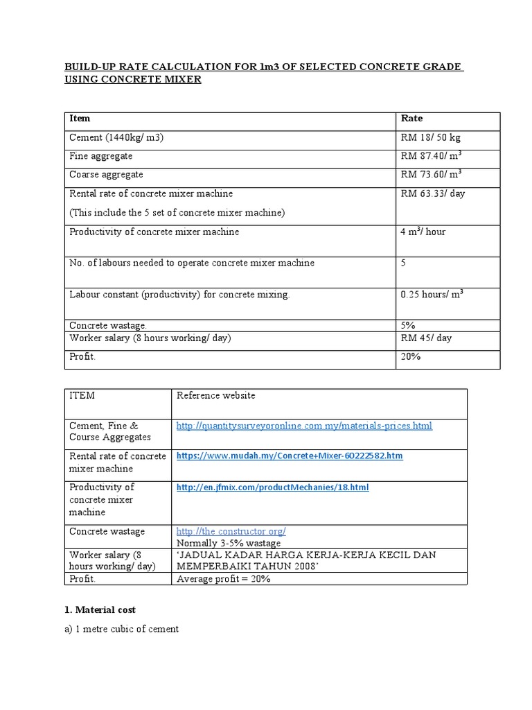 Build-Up Rate Calculation For 1M3 of Selected Concrete Grade Using ...