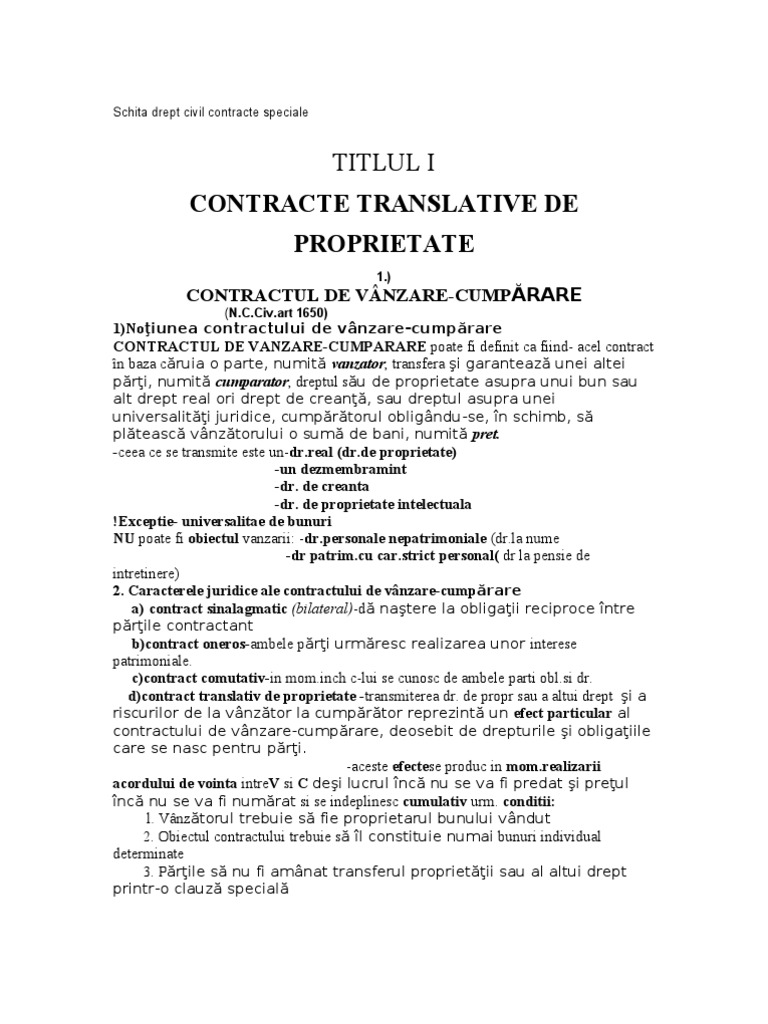 Contractul de Vanzare Cumparare. | PDF