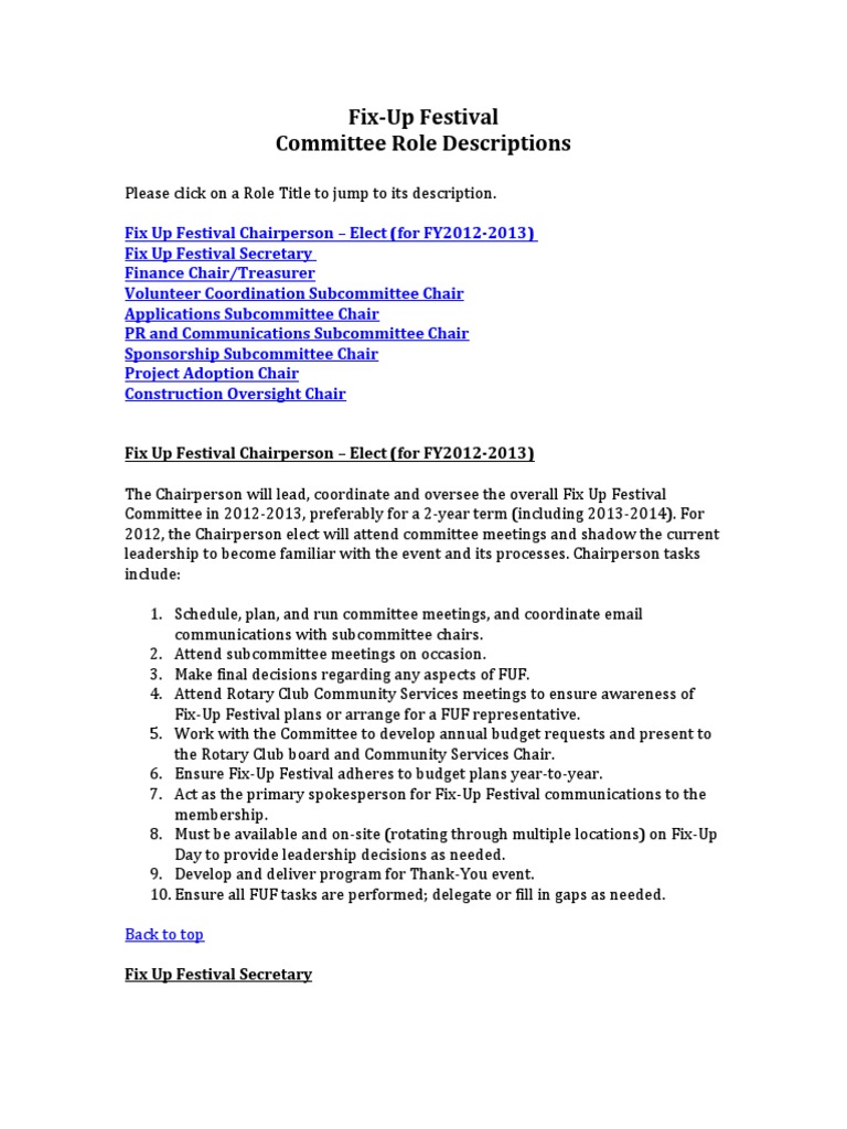 FUF Committee Role Descriptions | PDF | Committee | Volunteering