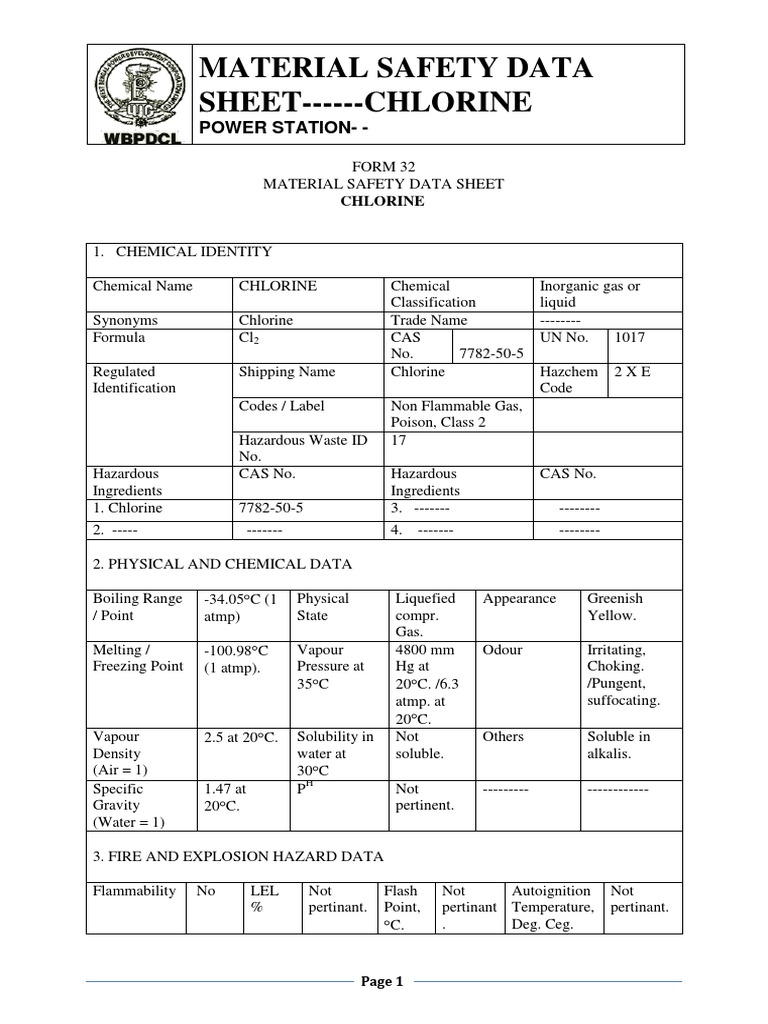 Material Safety Data Sheet - Chlorine: Power Station | Download Free ...