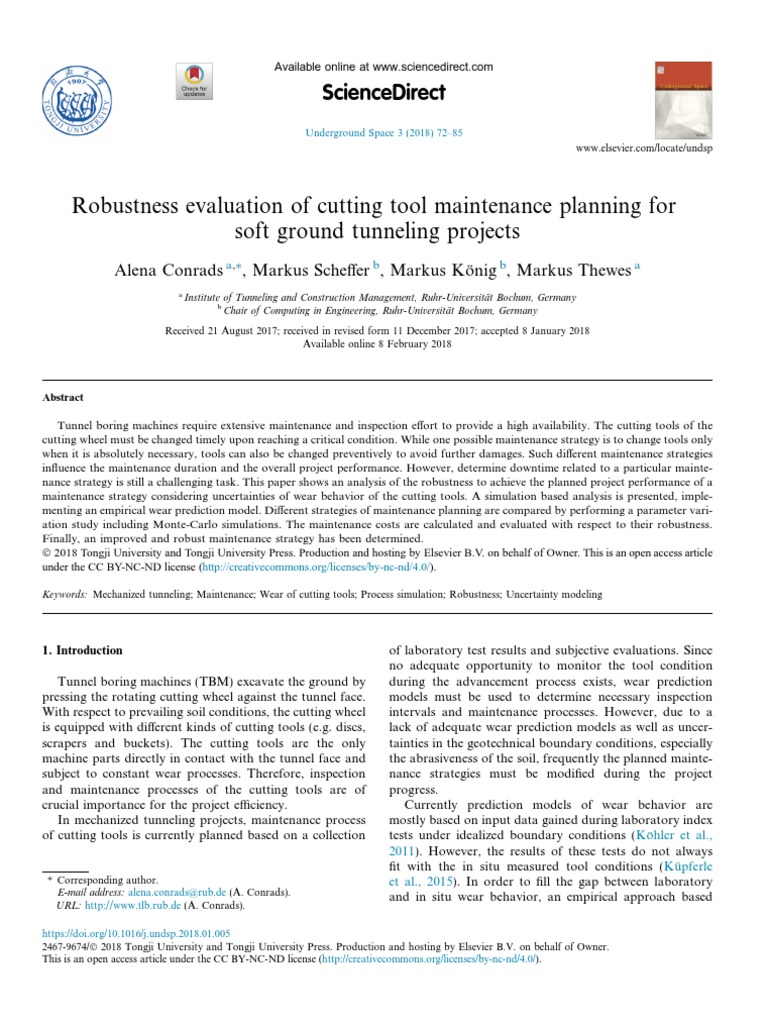 Robustness Evaluation of Cutting Tool Maintenance Planning For Soft Ground Tunneling Projects ...