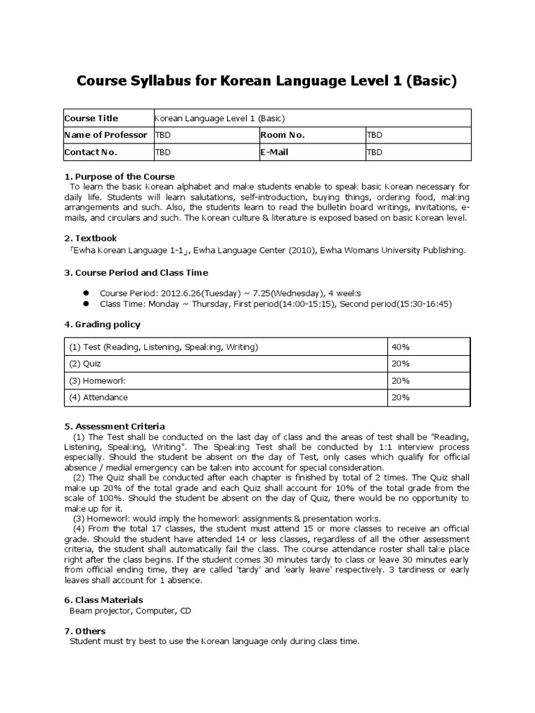 Korean Language Level 1 Syllabus | PDF | Semiotics | Communication