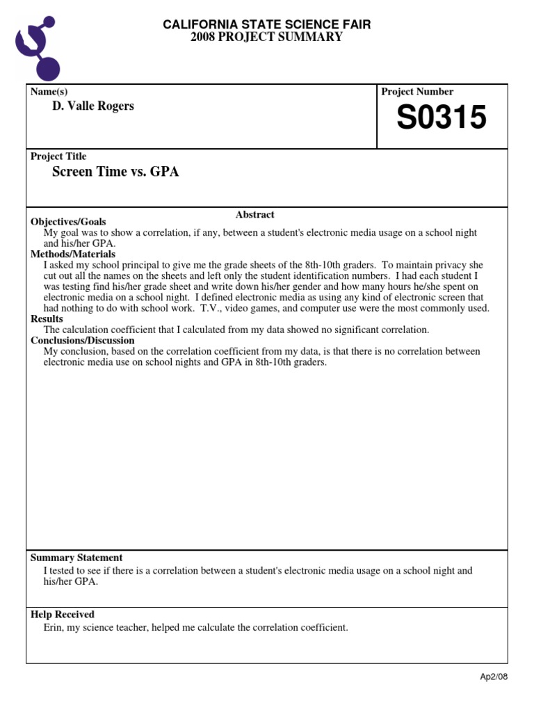 Screen Time vs. GPA: 2008 Project Summary | PDF