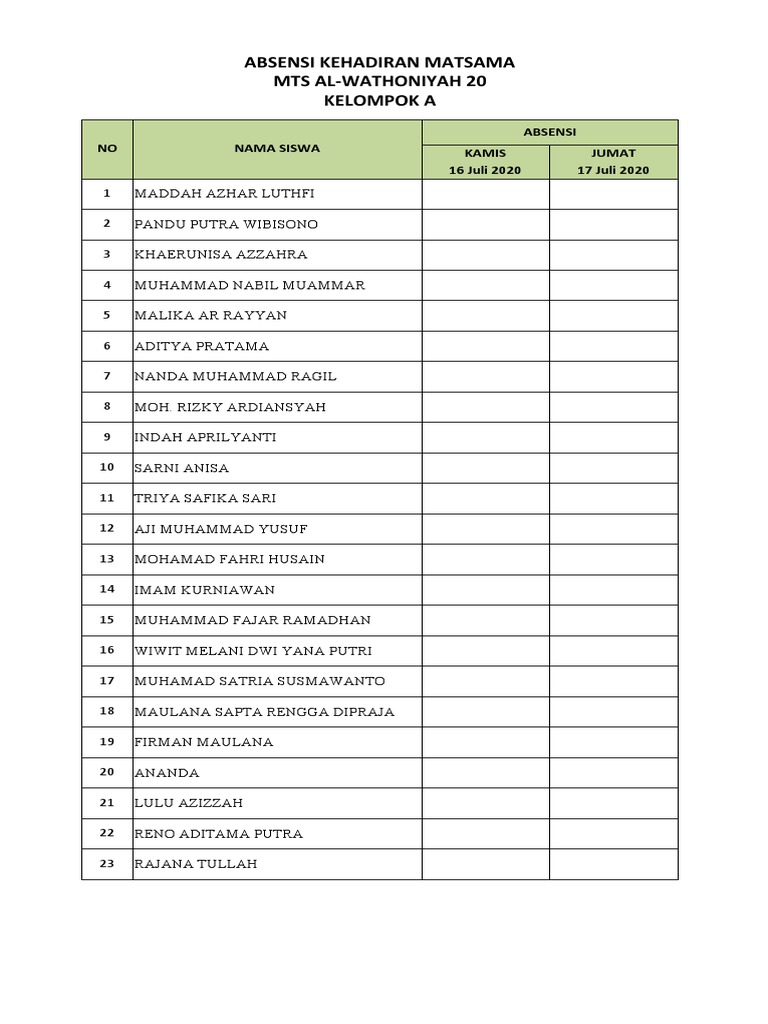 Daftar Hadir Matsama 2020-2021 | PDF