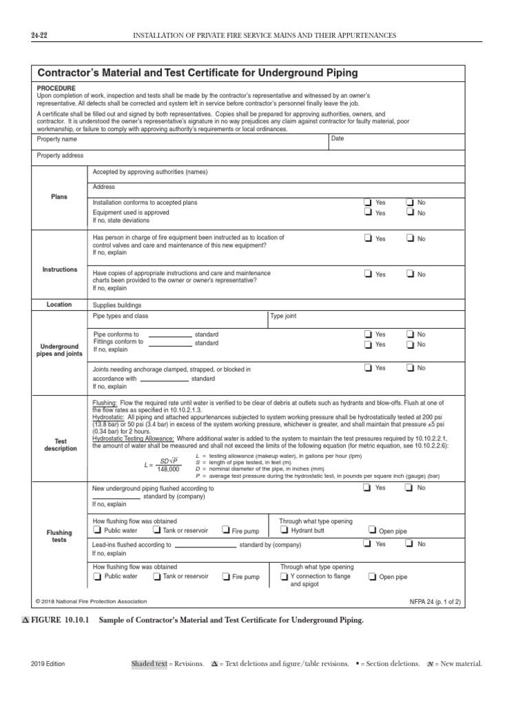 NFPA 24 (2019) Form | PDF | Pipe (Fluid Conveyance) | International ...