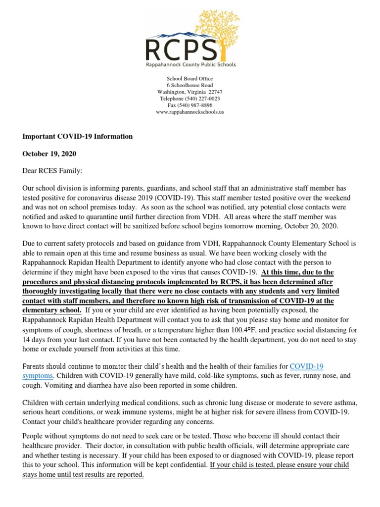 COVID-19 Update for Rappahannock Schools | PDF | Public Health ...
