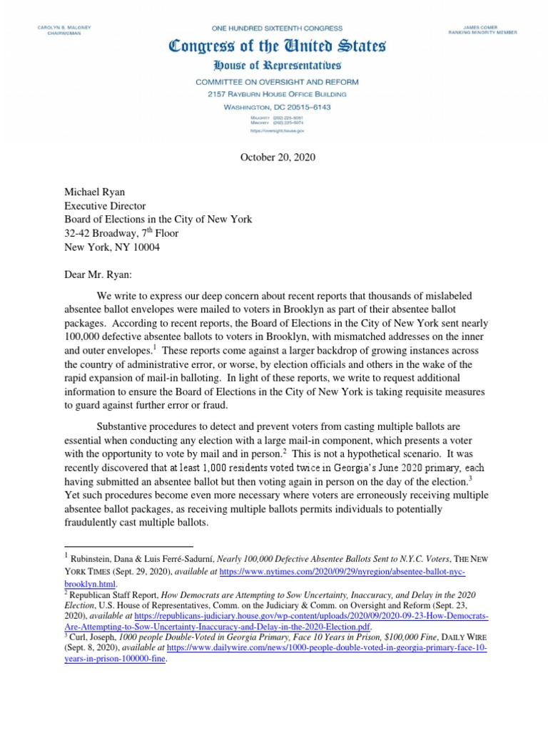 Letter To Board of Elections in NYC | PDF | Absentee Ballot | Postal Voting
