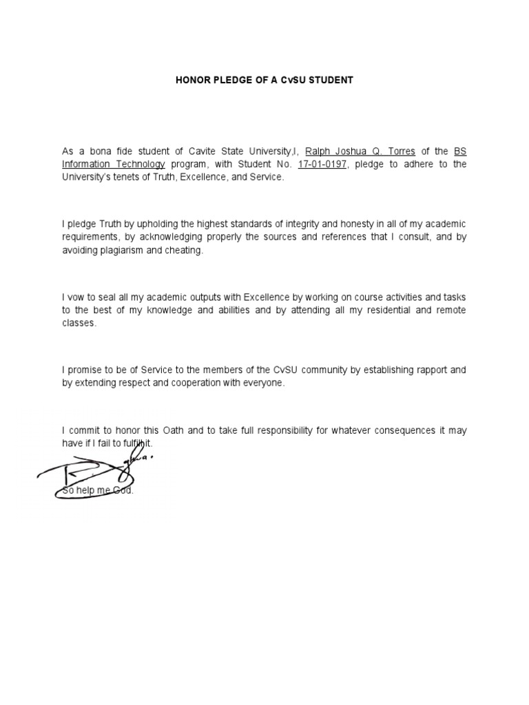 Ralph Joshua Torres - Honor Pledge | PDF