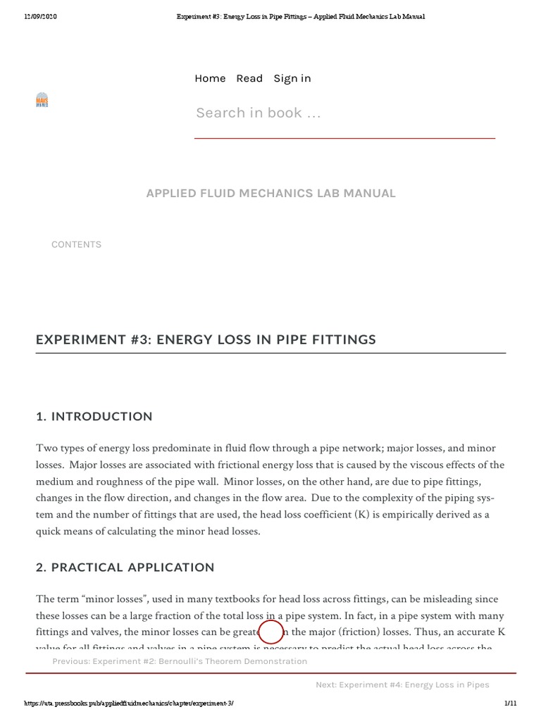 Energy Loss in Pipe Fittings Experiment | PDF | Fluid Dynamics ...