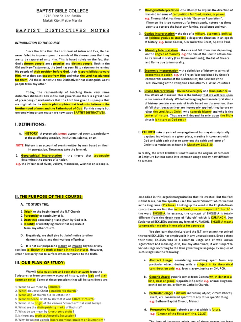 Baptist Distinctives Notes | PDF | Christian Church | Baptism