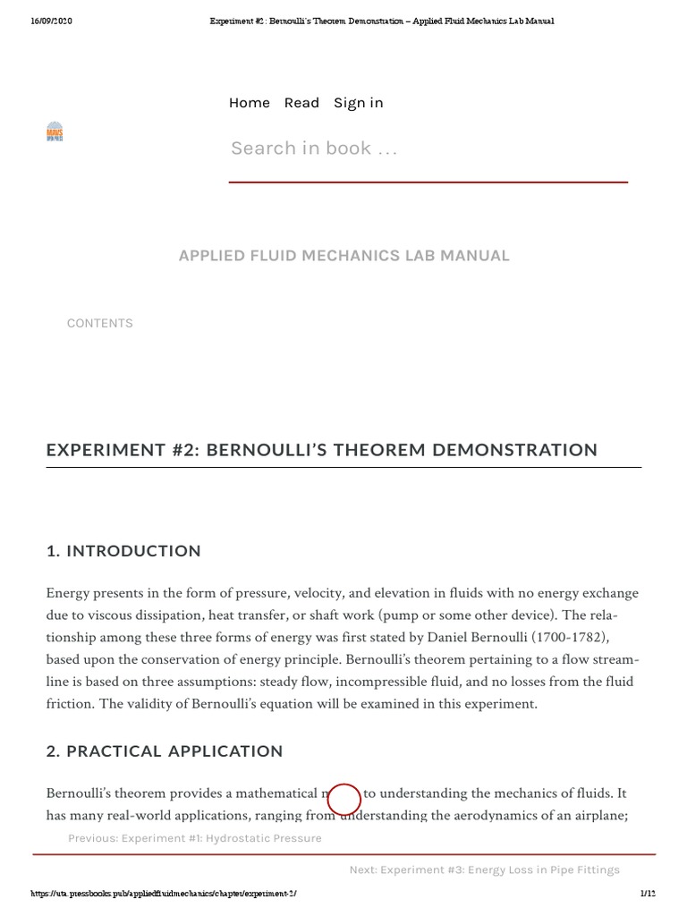 Bernoulli's Theorem Lab Experiment | PDF | Fluid Dynamics | Fluid Mechanics
