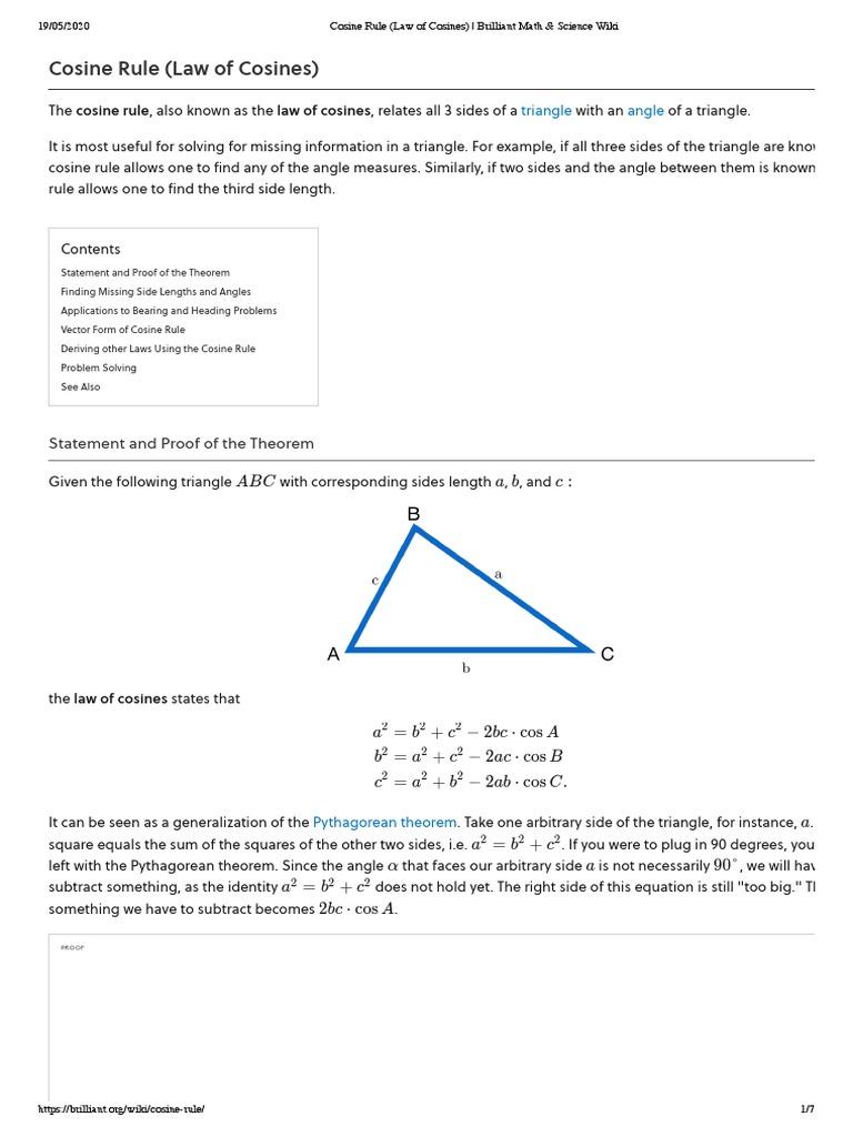 Cosine Rule (Law of Cosines) - Brilliant Math & Science Wiki | PDF ...
