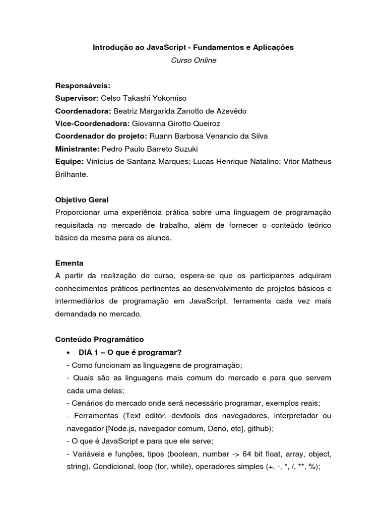 Ementa JavaScript | PDF | Script Java | Modelo de Documento por Objetos (DOM)