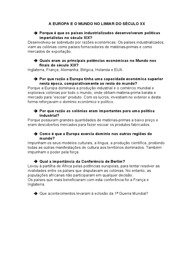 A Europa e o Mundo No Limiar Do Século XX - Resumo Hist 9ano | PDF
