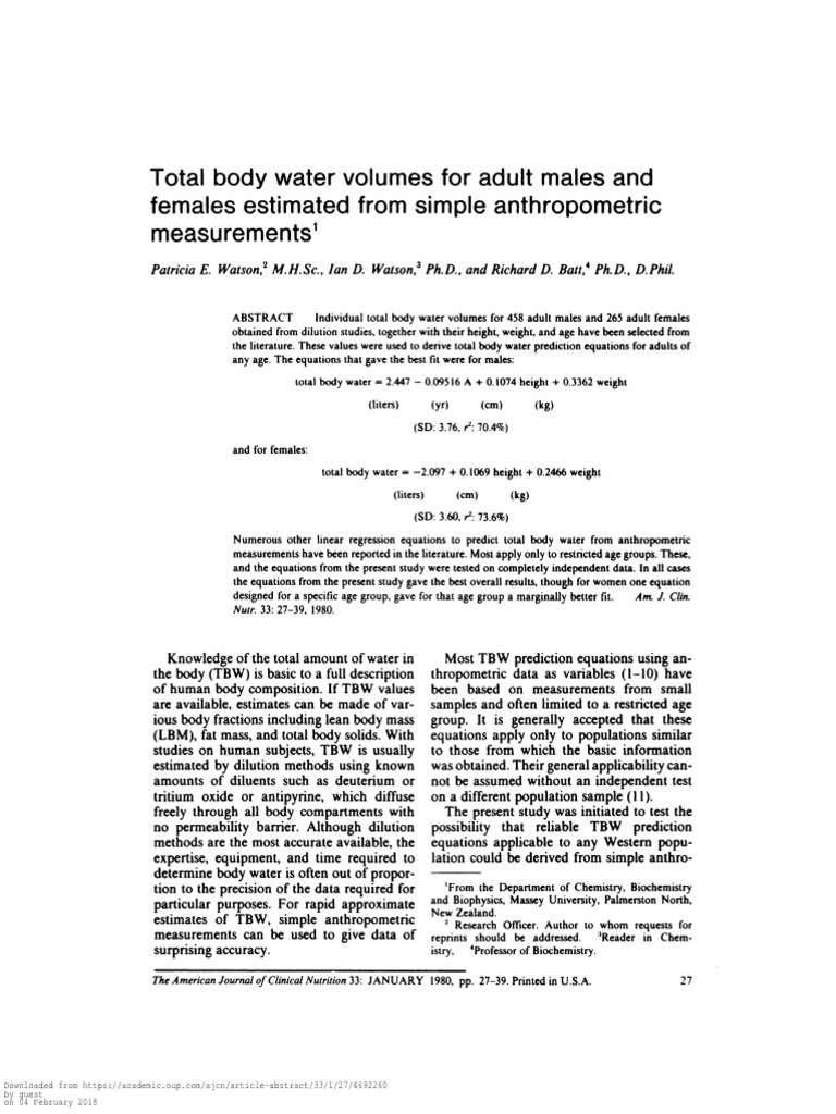 Total Body Water Volumes For Adult Males and Females Estimated From ...